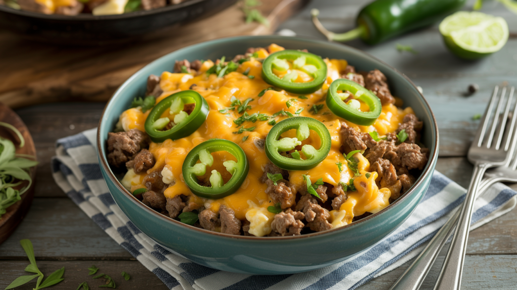 Keto Cheesy Jalapeño Ground Beef Scramble Bowls - DailyKeto Recipes